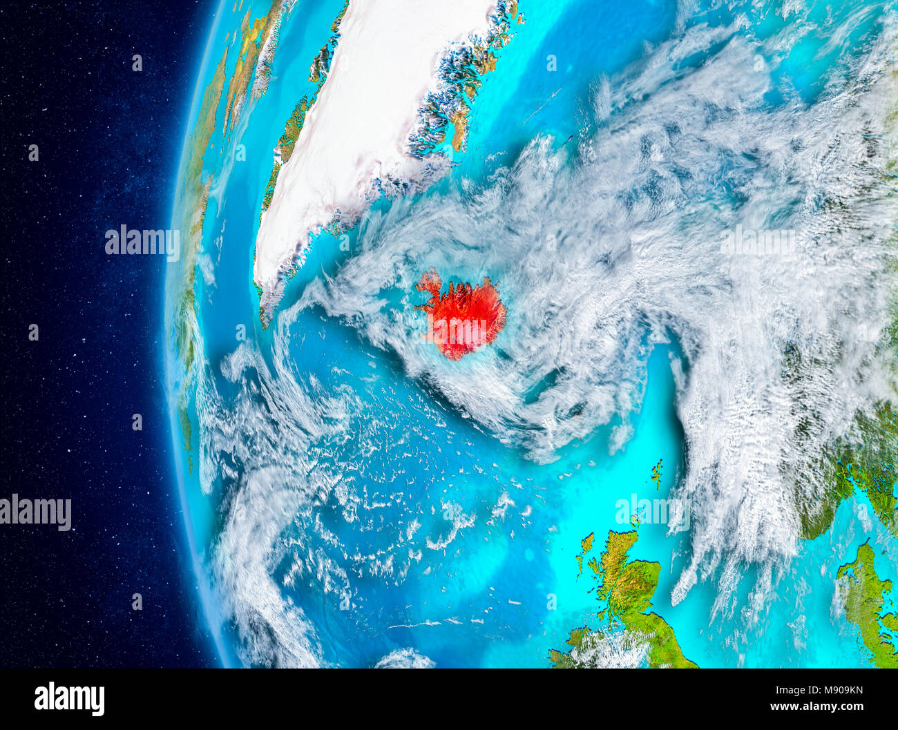 Map of Iceland as seen from space on planet Earth with clouds and ...