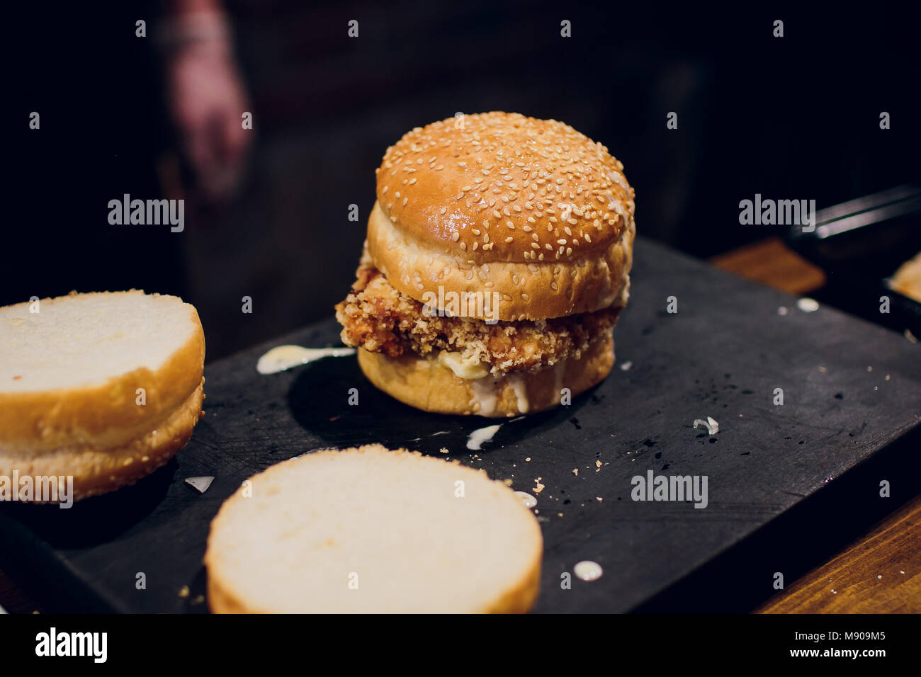 Delicious burgers with beef wood table food Stock Photo - Alamy