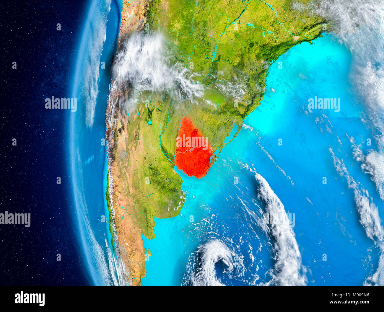 Map of Uruguay as seen from space on planet Earth with clouds and ...
