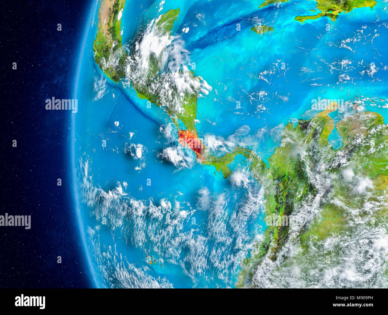 Map of Costa Rica as seen from space on planet Earth with clouds and ...