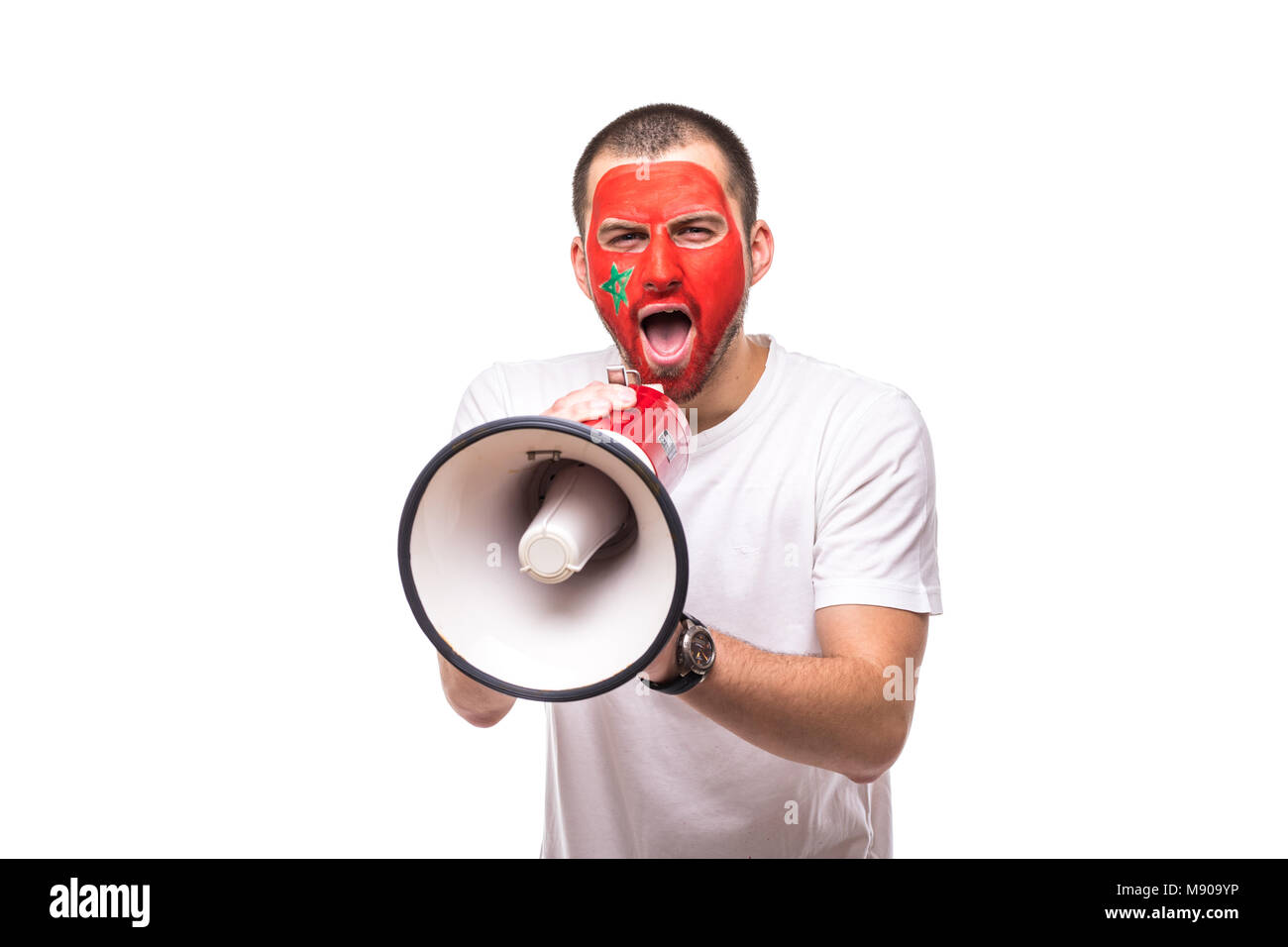 Handsome man supporter loyal fan of Morocco national team painted flag ...