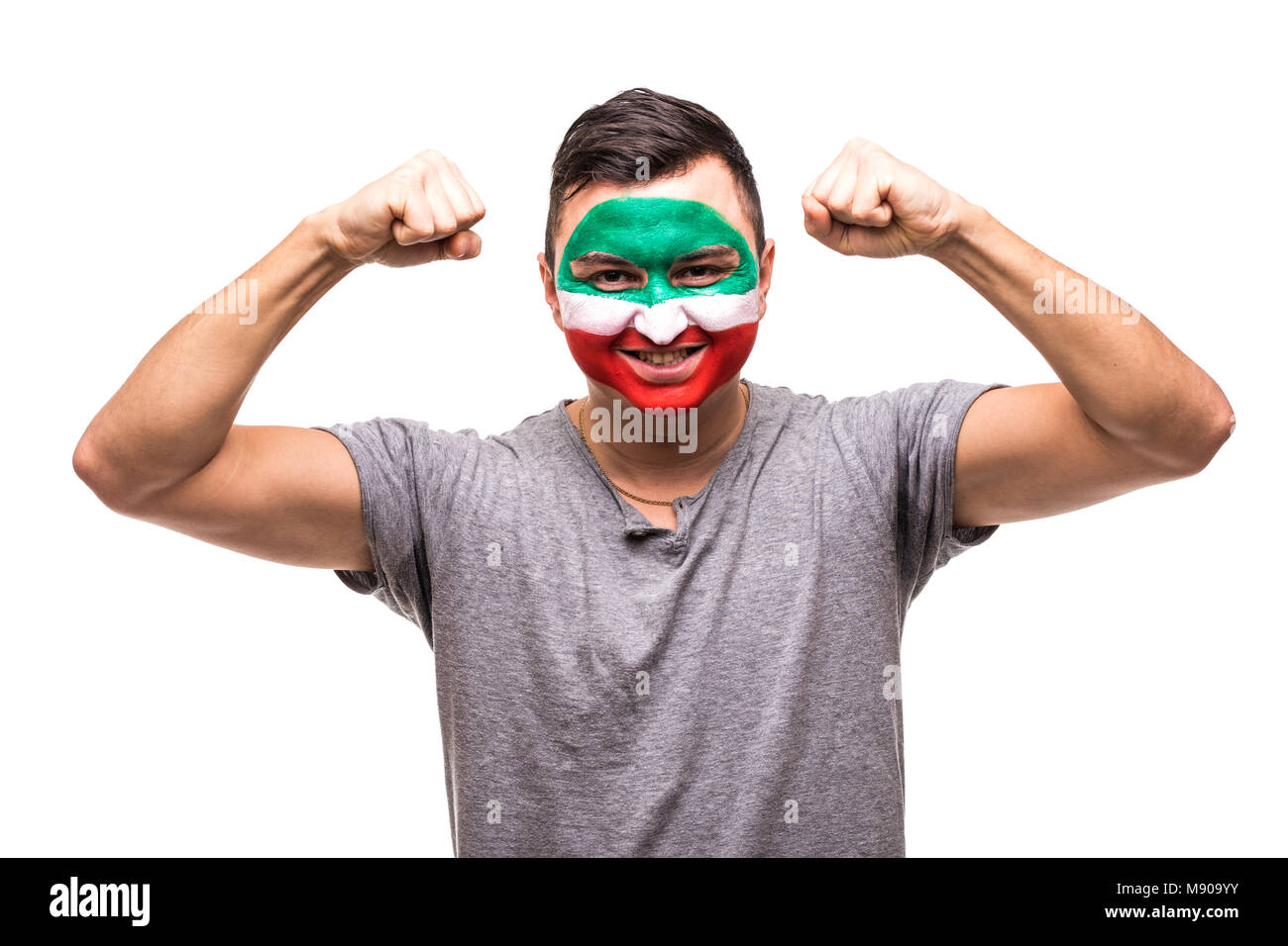 Handsome man supporter fan of Iran national team painted flag face get ...