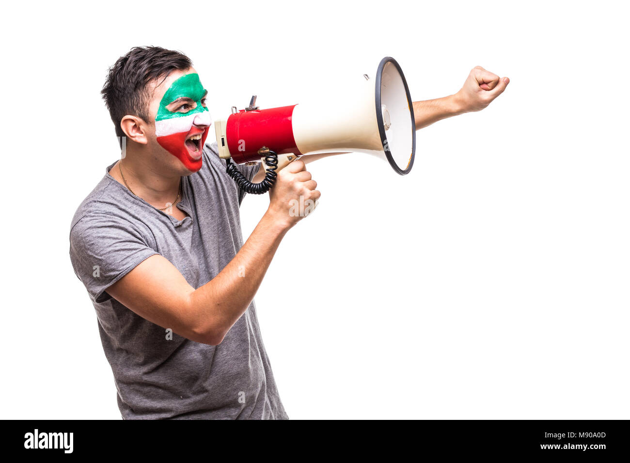 Handsome man supporter loyal fan of Iran national team painted flag ...