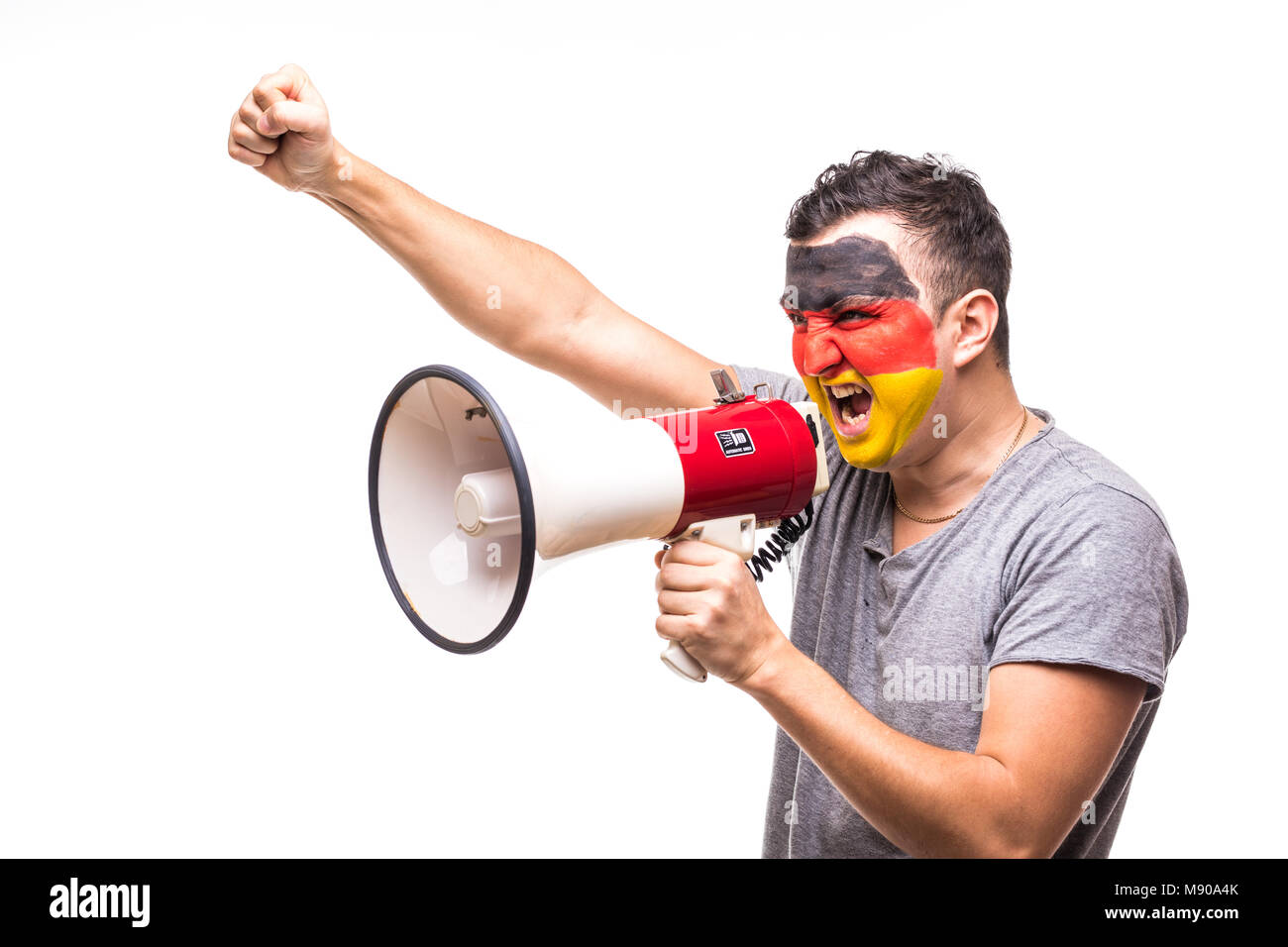 Handsome man supporter loyal fan of Germany national team with painted ...