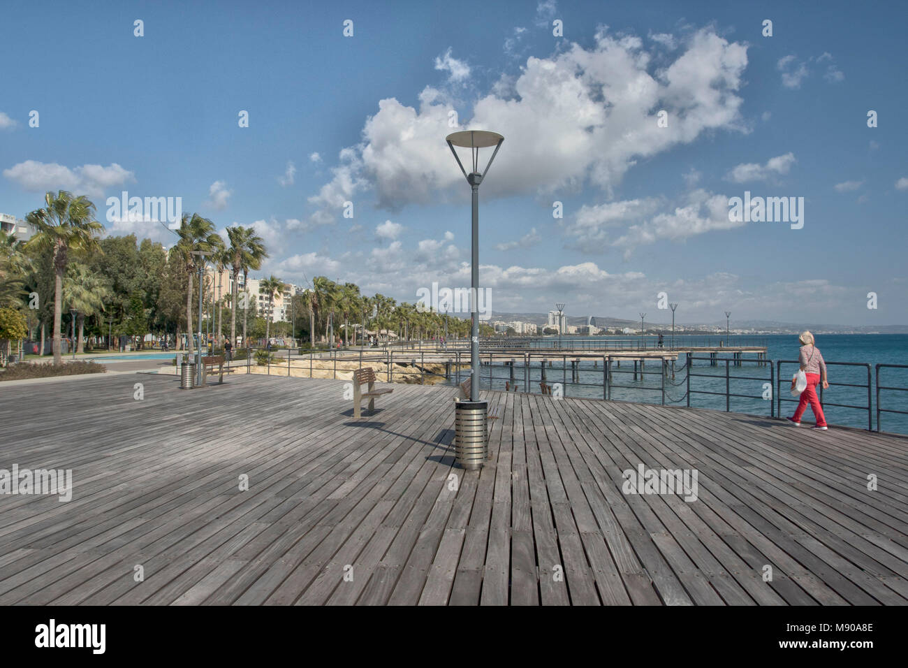Boardwalk and lamppost off the Limmasol promenade in spring, Cyprus ...