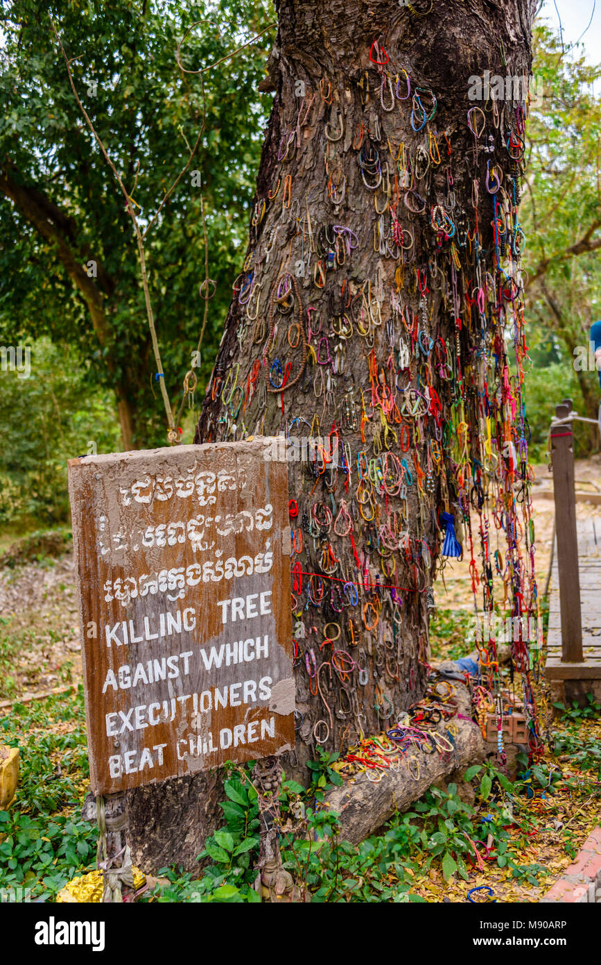 Colourful bracelets left by visitors at a tree used by the Khymer Rouge ...