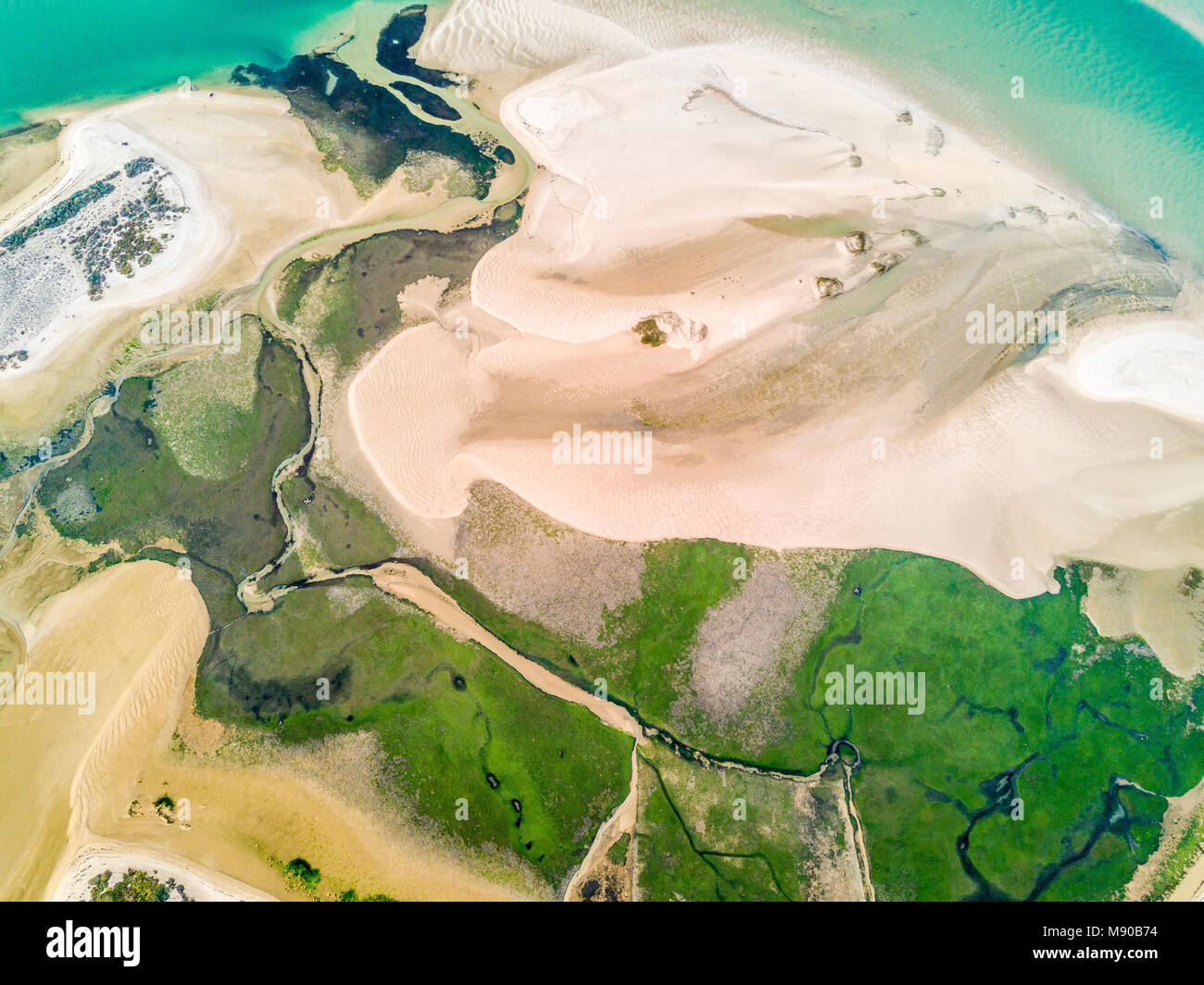 Aerial view of unique Ria Formosa at sunset in Fuseta, Algarve ...