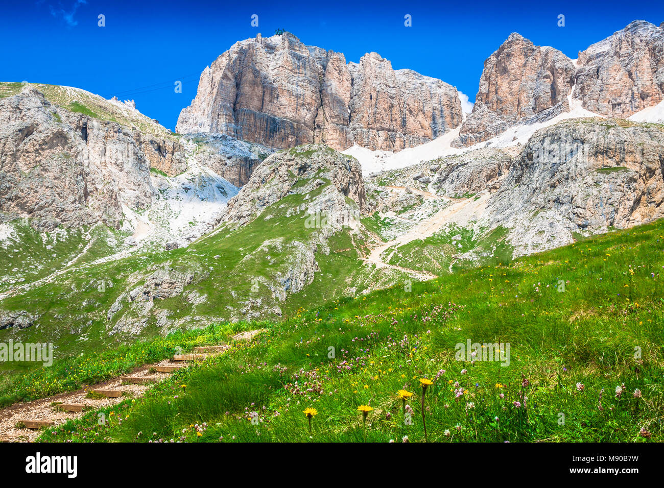 Panorama of Sella mountain range from Sella pass, Dolomites, Italy ...