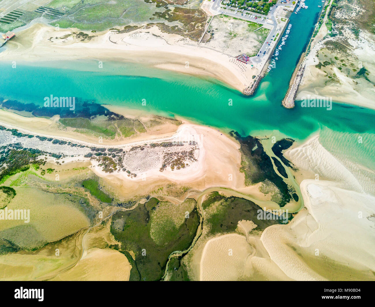 Aerial view of unique Ria Formosa at sunset in Fuseta, Algarve ...
