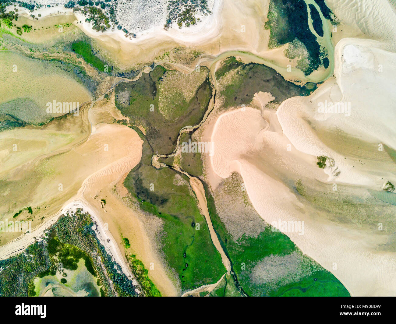 Aerial view of unique Ria Formosa at sunset in Fuseta, Algarve ...