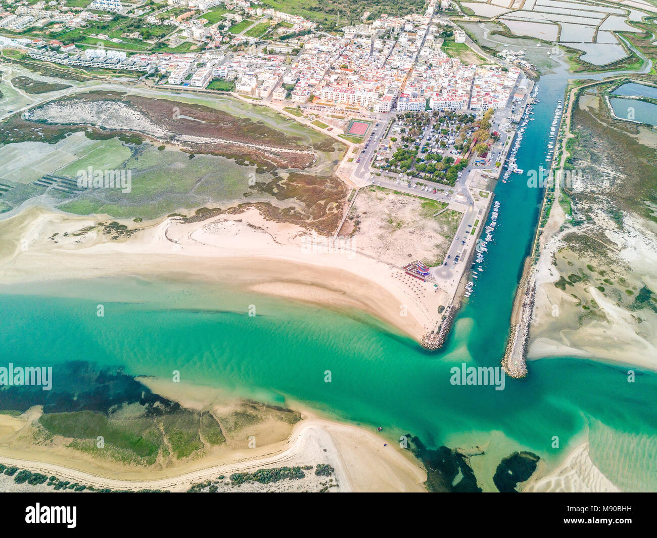 Aerial view of beautifully located Fuseta by Ria Formosa Natural Park ...