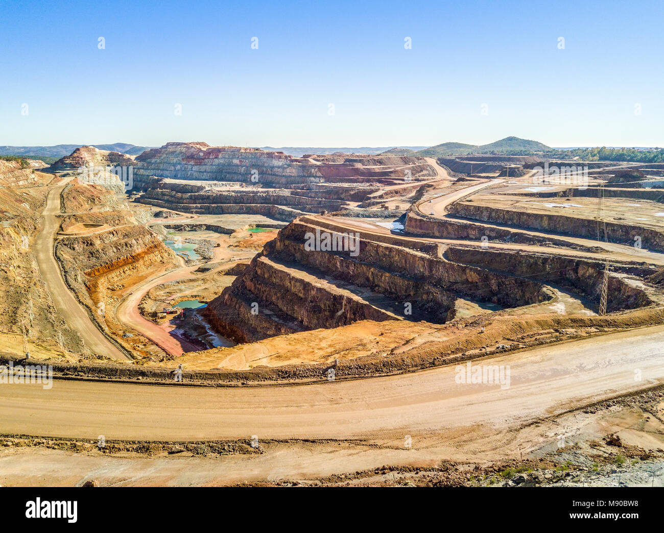 Aerial view of huge, modern open pit mine in Minas de Riotinto ...