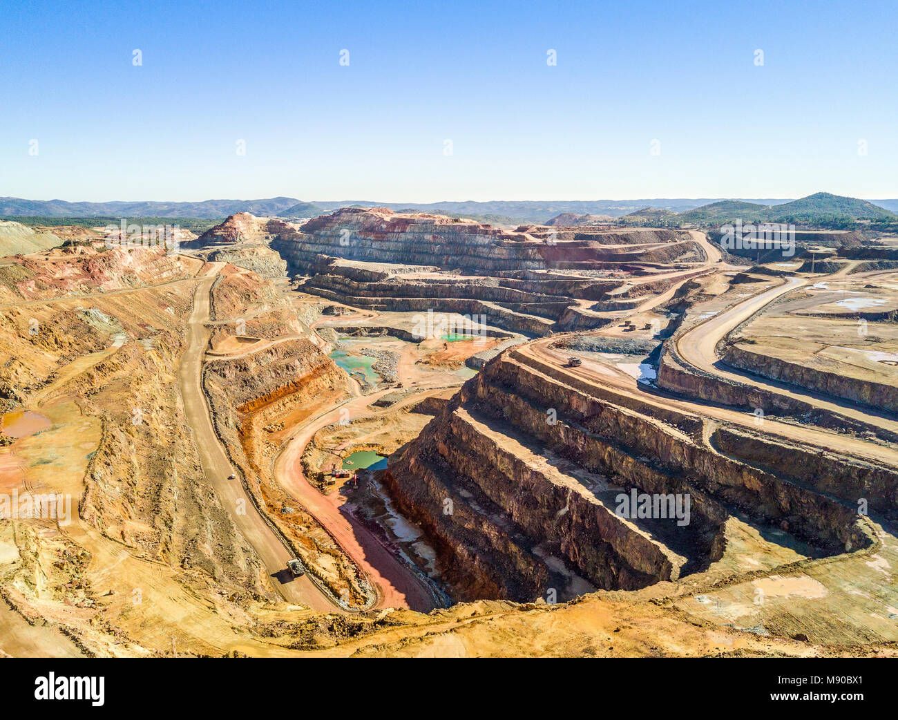 Aerial view of huge, modern open pit mine in Minas de Riotinto ...