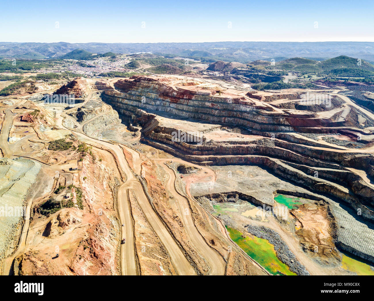 Aerial view of huge, modern open pit mine in Minas de Riotinto ...