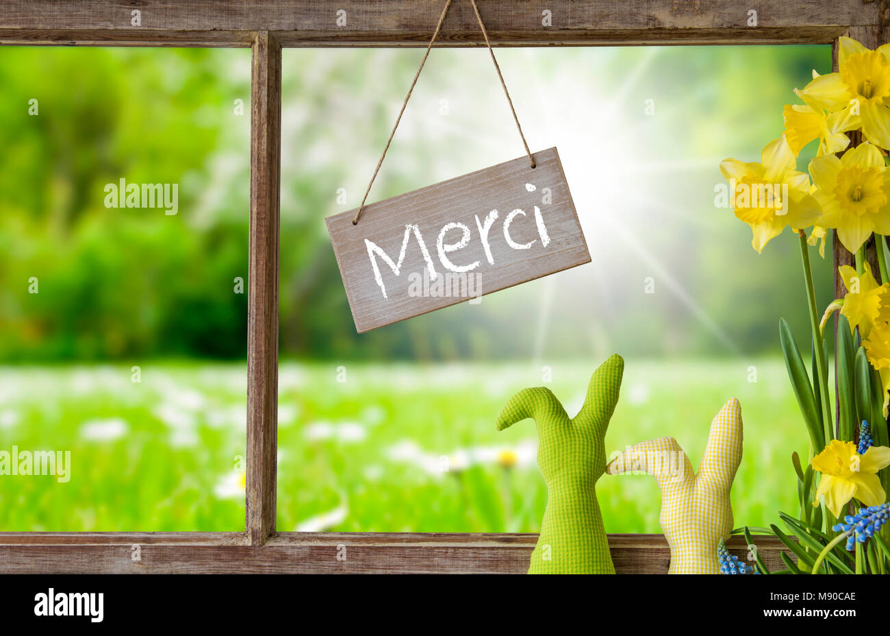 Sign With French Text Merci Means Thank You. Window Frame With View To ...