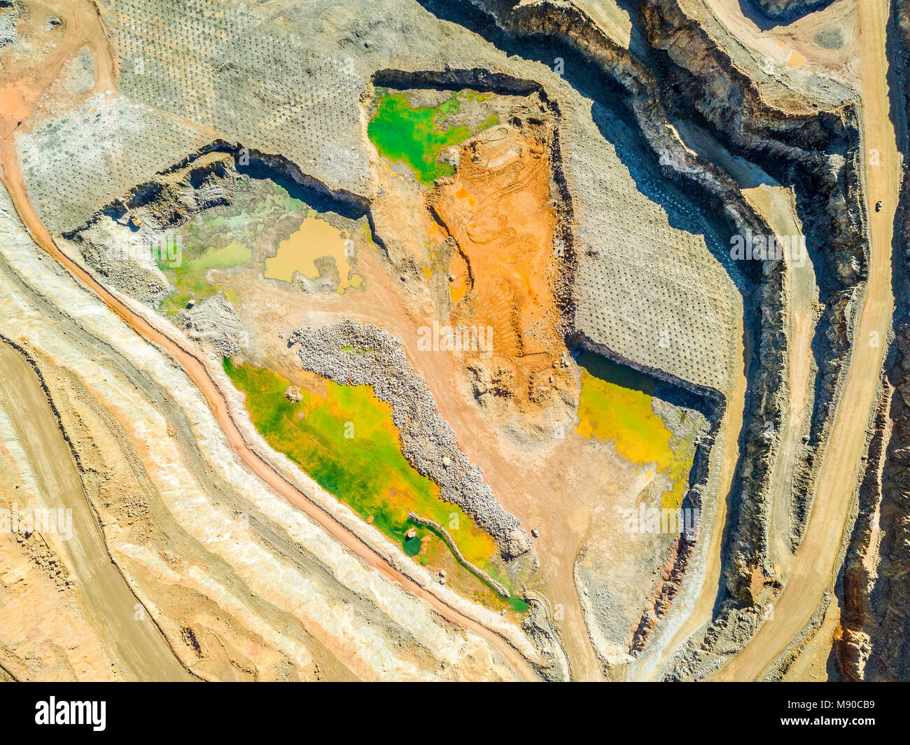 Aerial view of huge, modern open pit mine in Minas de Riotinto ...