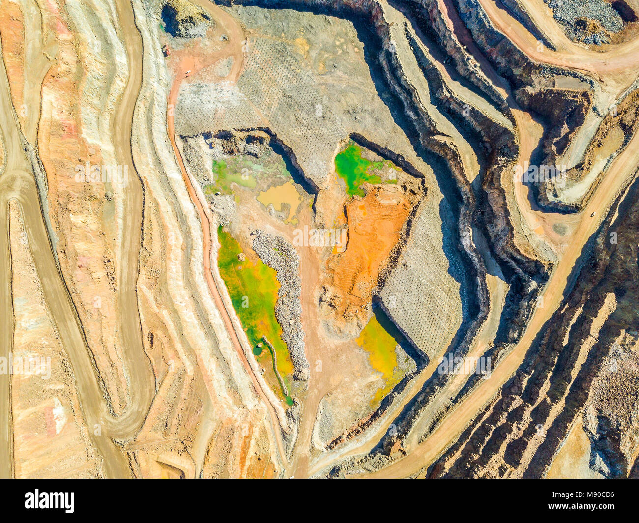 Aerial view of huge, modern open pit mine in Minas de Riotinto ...