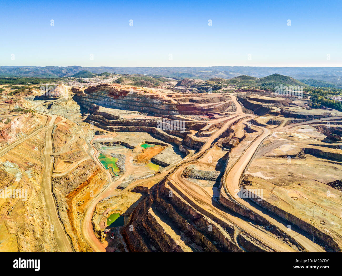 Aerial view of huge, modern open pit mine in Minas de Riotinto ...