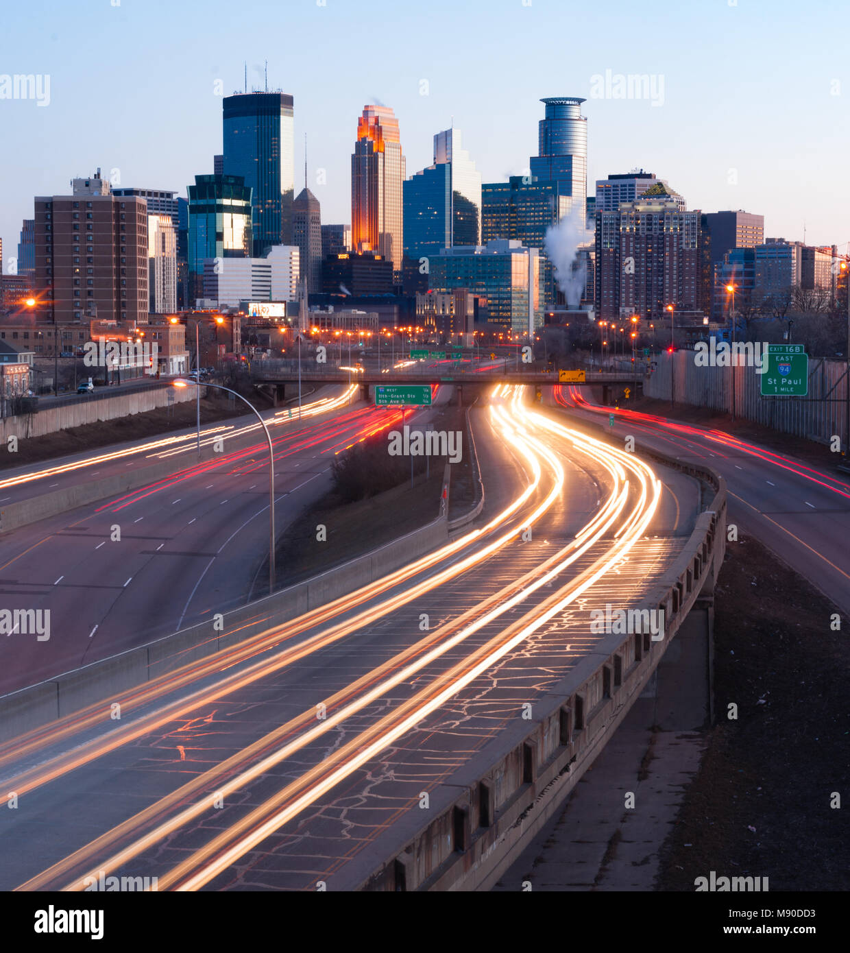 Clear view sunset light infrastructure roads buildings in downtown ...