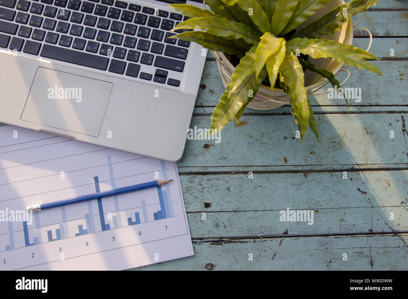 Laptop graph and tree on a wooden table Stock Photo - Alamy