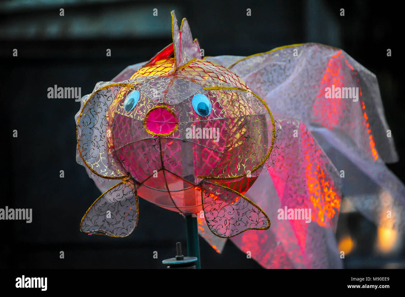 Fish shaped chinese lantern, illuminated for lunar festival, Hong Kong ...