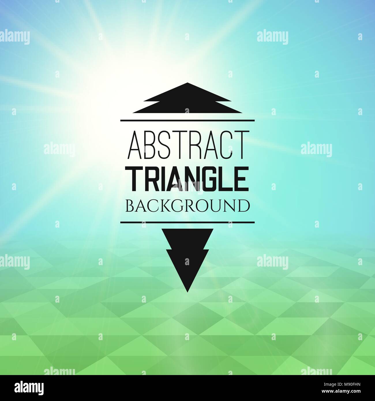 Abstract blue sunset with green triangle field, perspetive pattern in ...