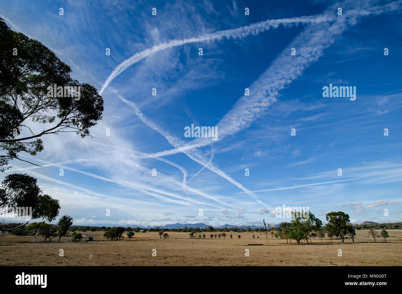 Strong high altitude winds disturb jet trails over farm land at ...