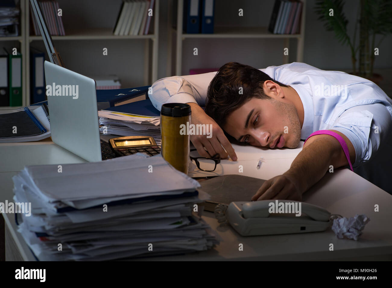 Employee relieving stress from overtime with drugs narcotics Stock ...