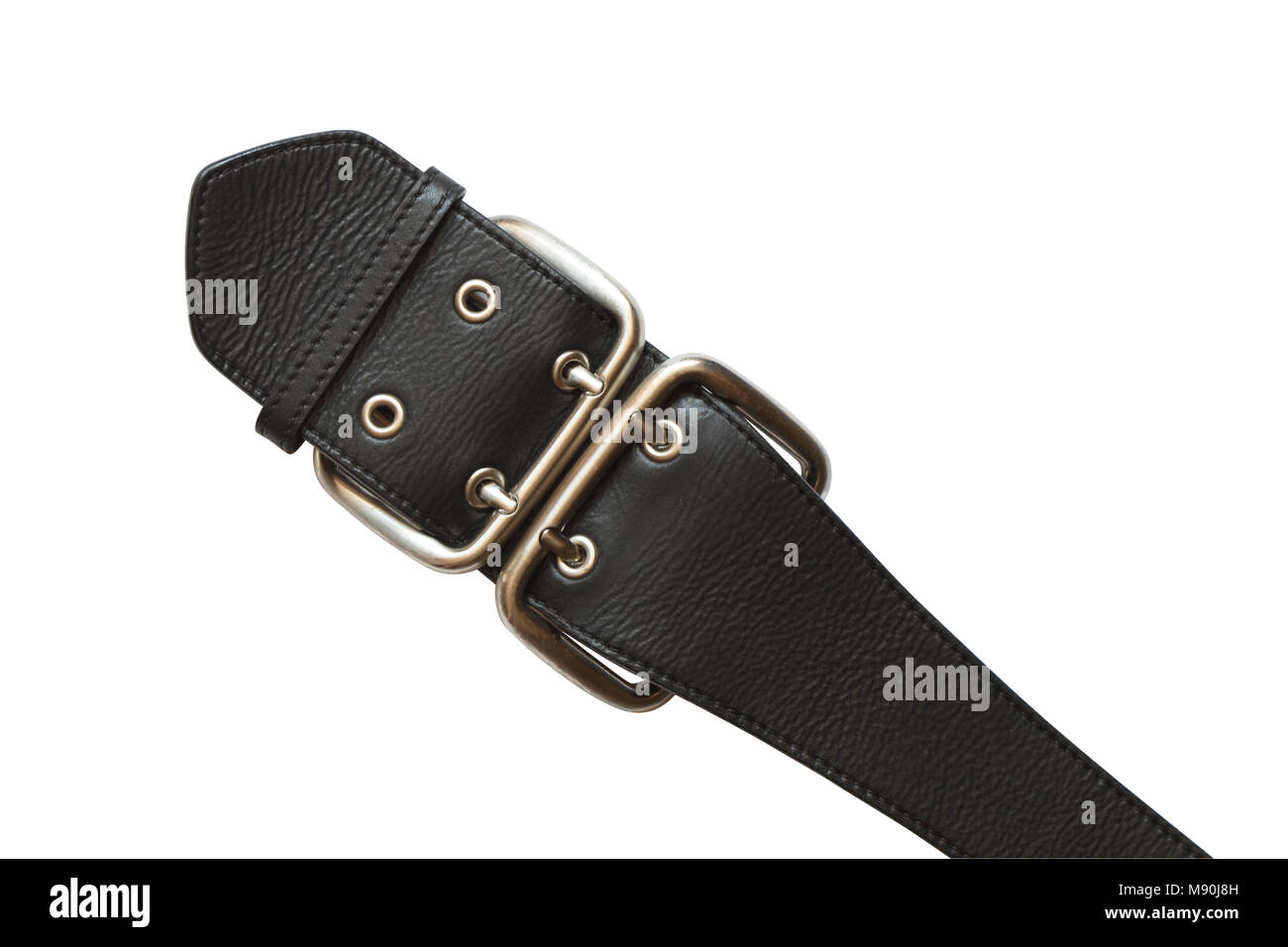 Closeup of black leather belt isolated on white background with ...