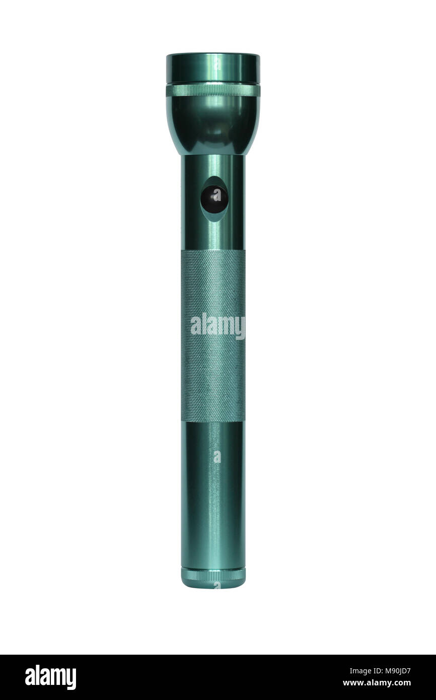 Green aluminum flashlight isolated on white background with clipping ...