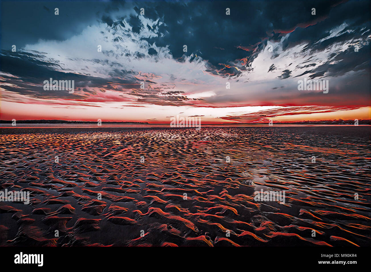 Beautiful glowing sunset reflections in sand ripples digital artwork ...