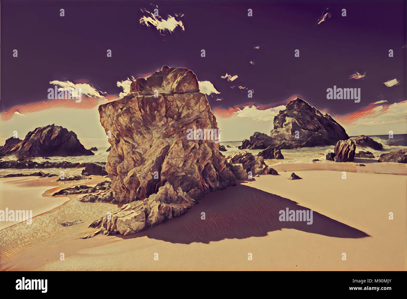 Beautiful rock formation on ocean beach stylized illustration Stock ...