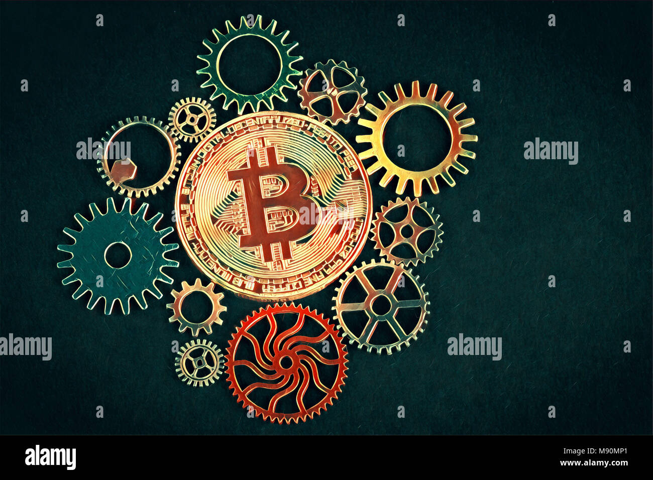 Digital illustration of bitcoin among cog wheels on black background ...