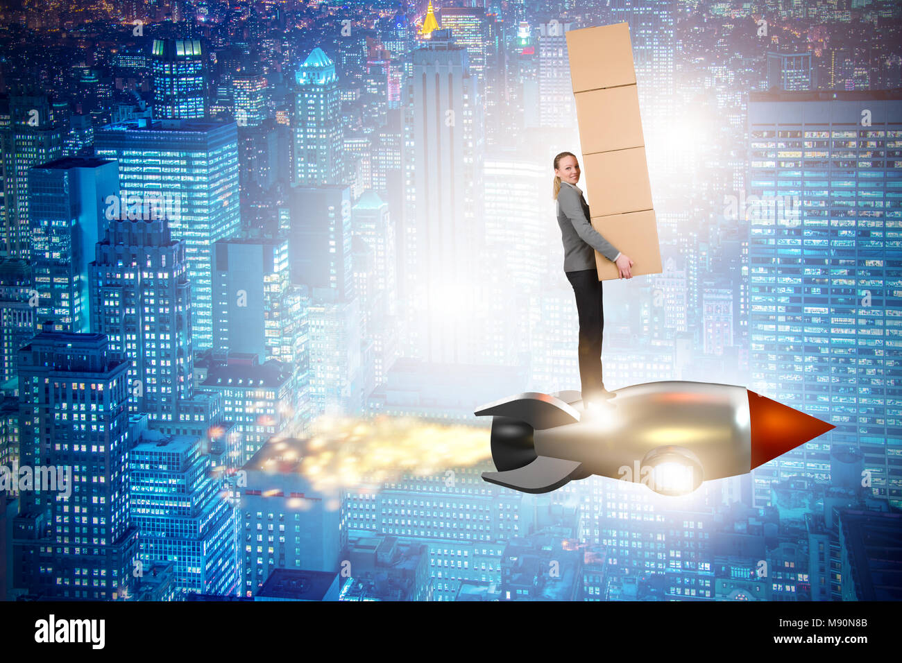 Woman flying rocket and delivering boxes Stock Photo - Alamy