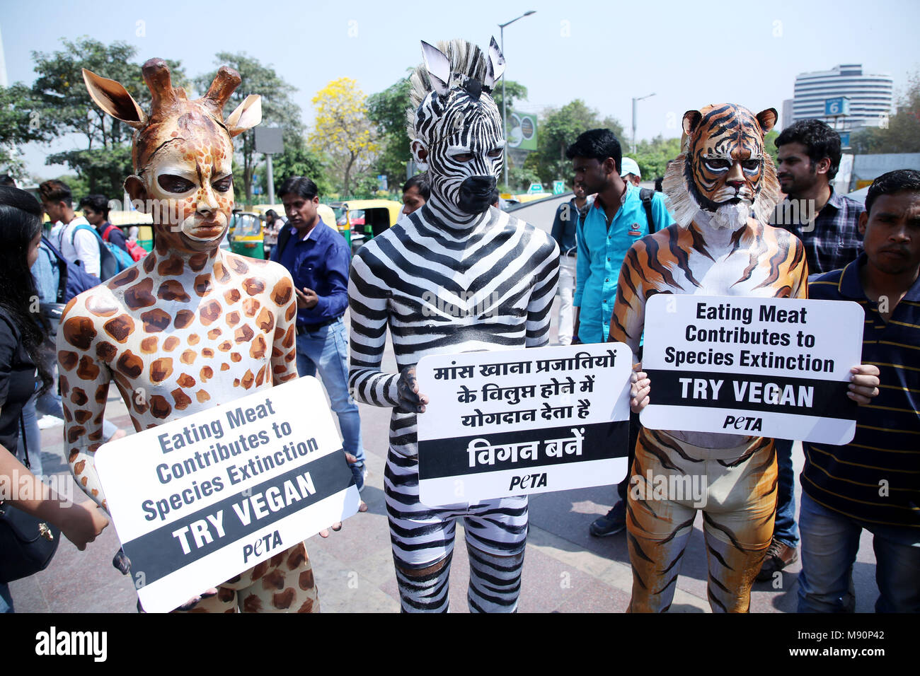 New Delhi, India. 20th Apr, 2018. ?PETA volunteers painted body as ...