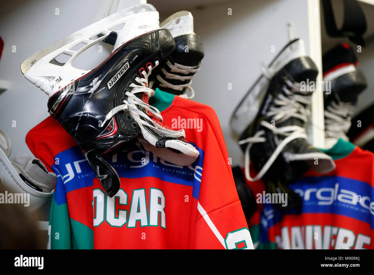 Ice Hockey. Locker room. Ice skates Stock Photo - Alamy