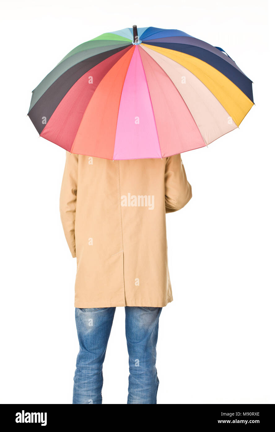 Man standing back to camera and pointing his umbrella Stock Photo - Alamy