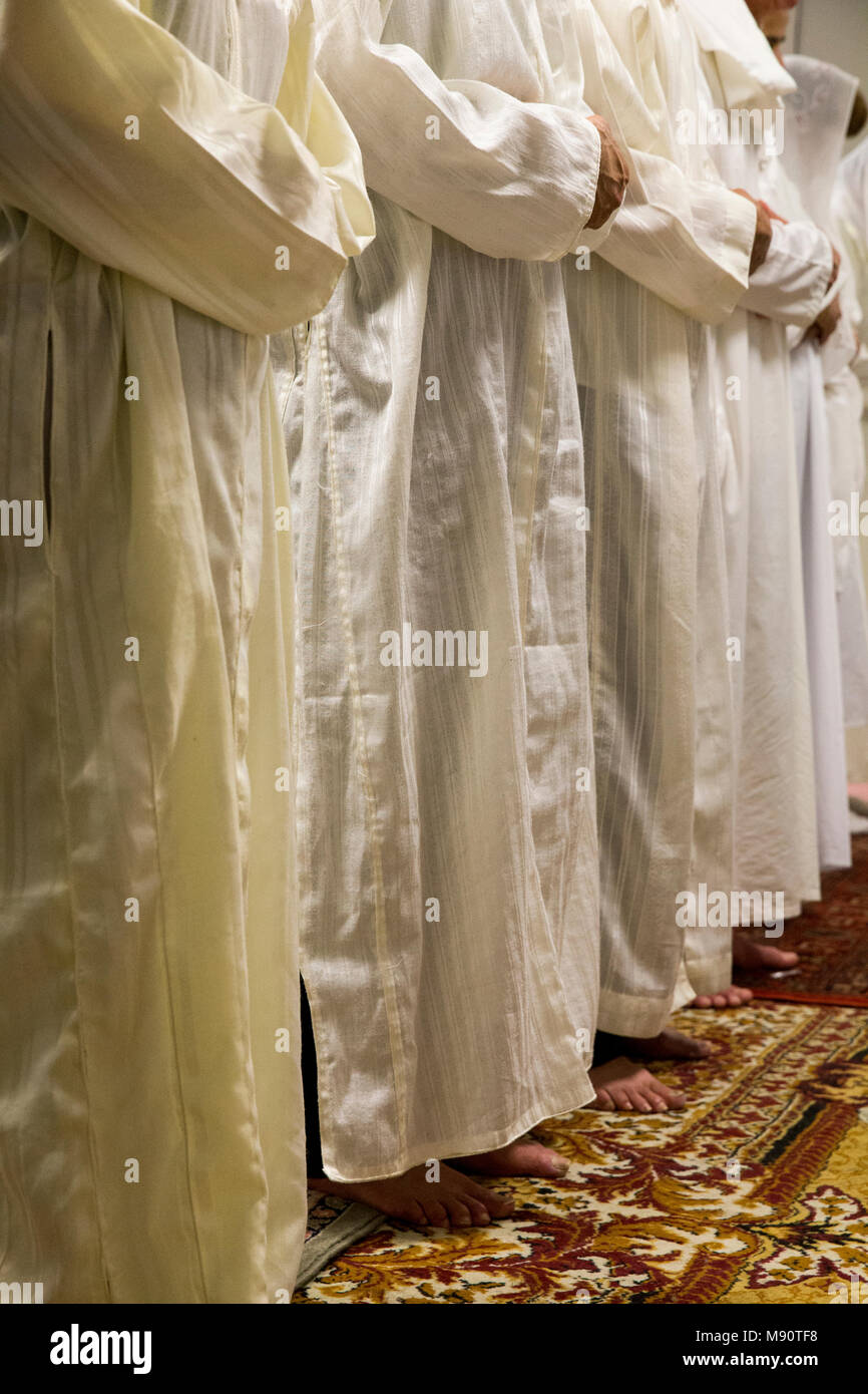 Alawiya sufi muslims praying on Laylat Al-Qadr festival. Drancy, Seine ...