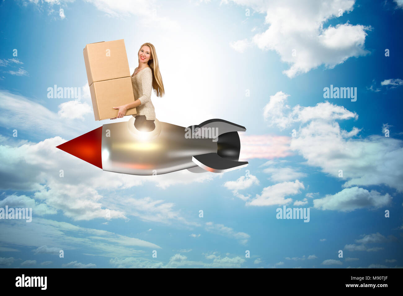 Woman in fast box delivery service on rocket hi-res stock photography ...