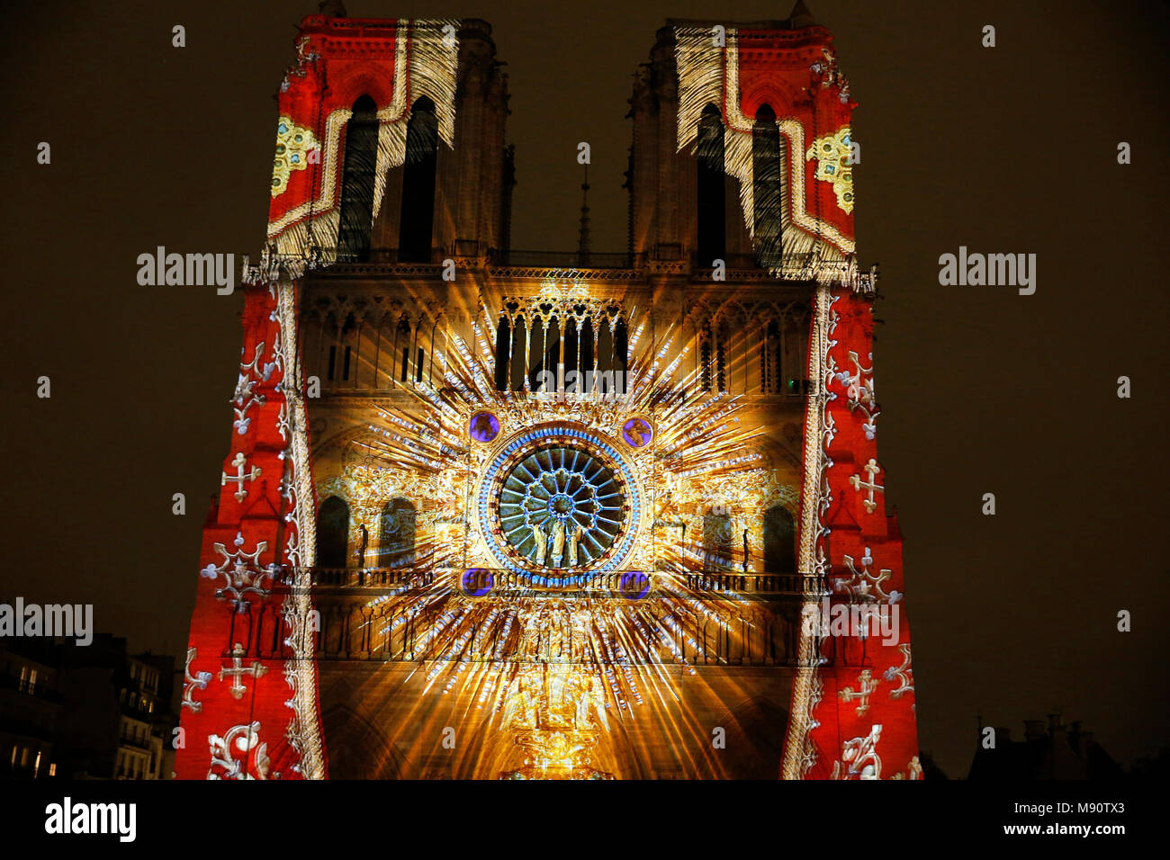 Sound and light show at Notre Dame de Paris cathedral, France Stock ...