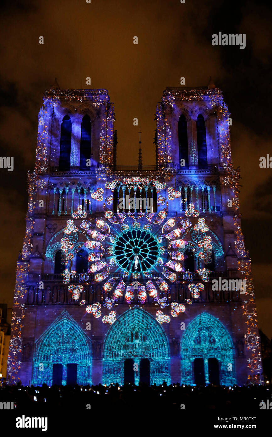 Sound and light show at Notre Dame de Paris cathedral, France Stock ...