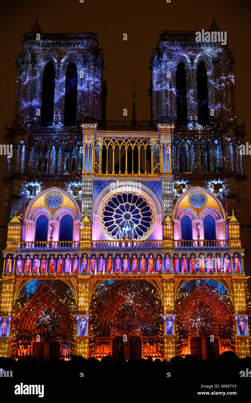 Sound and light show at Notre Dame de Paris cathedral, France Stock ...