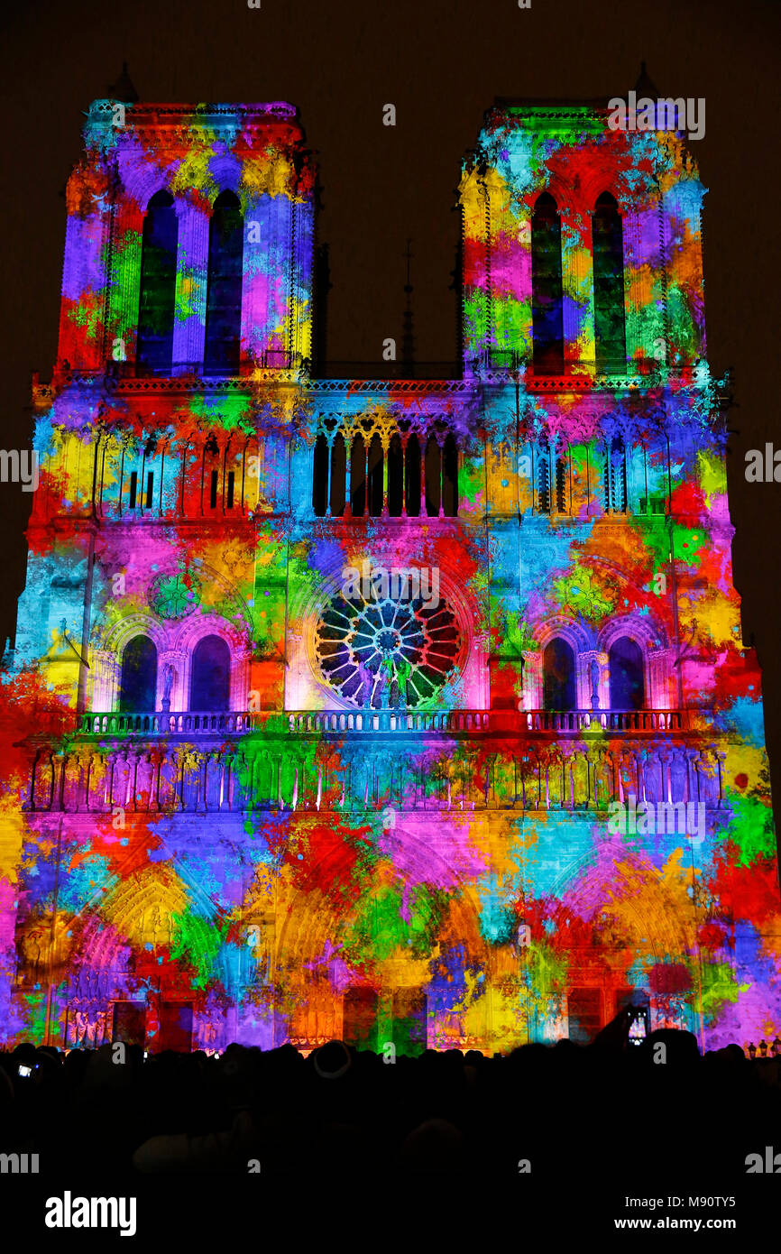 Sound and light show at Notre Dame de Paris cathedral, France Stock ...