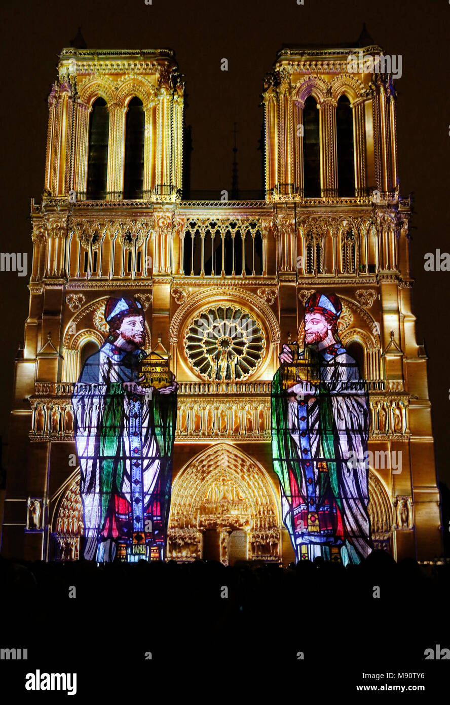 Sound and light show at Notre Dame de Paris cathedral, France Stock ...