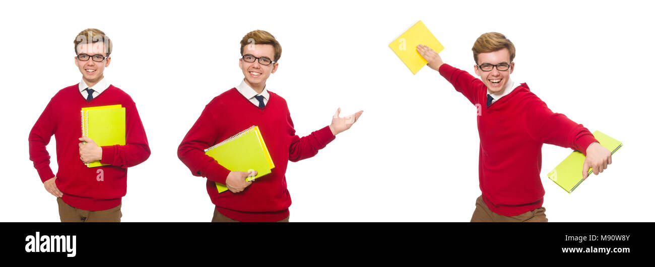 Student with paper isolated on white Stock Photo - Alamy