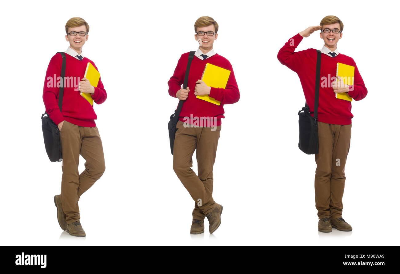 Student with bag and paper isolated on white Stock Photo - Alamy