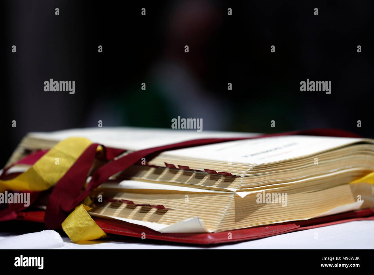 Catholic mass. Open bible on altar. Valgrisenche. Italy Stock Photo - Alamy