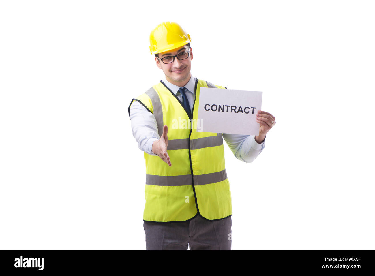Construction supervisor with contract isolated on white background ...