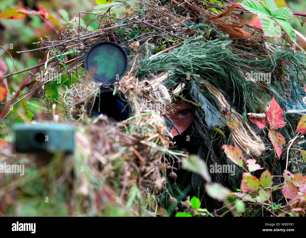 Camouflage Hunter or soldier hiding in bushes in camouflage autumn ...