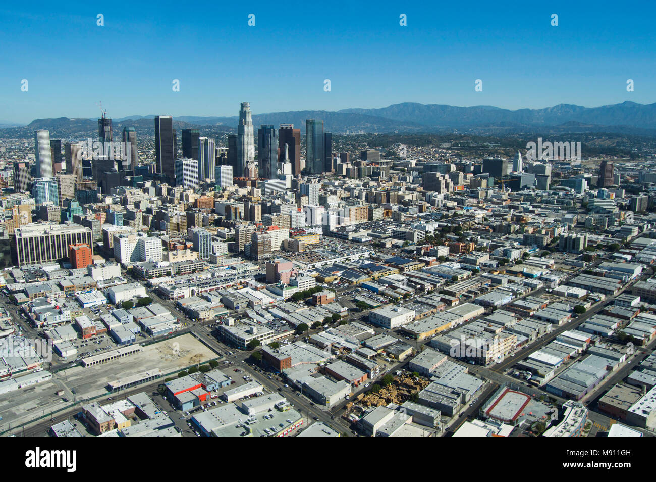 View of downtown Los Angeles, California from a helicopter Stock Photo ...